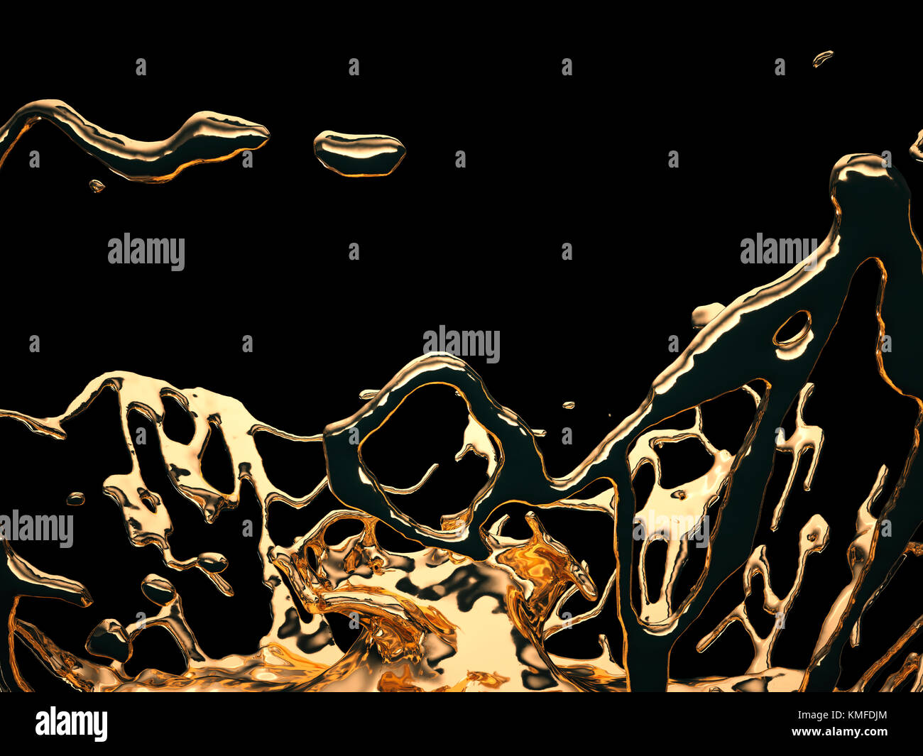 Liquid gold or oil splatter and splashes isolated on black. 3d render ...