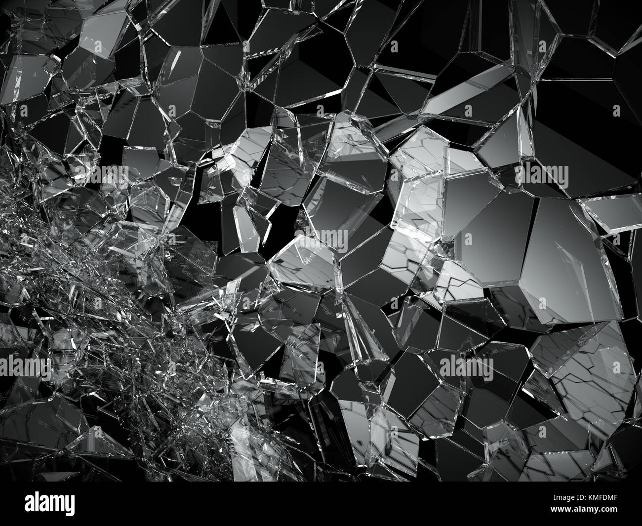 Shattered or demolished glass over black background. 3d rendering 3d ...