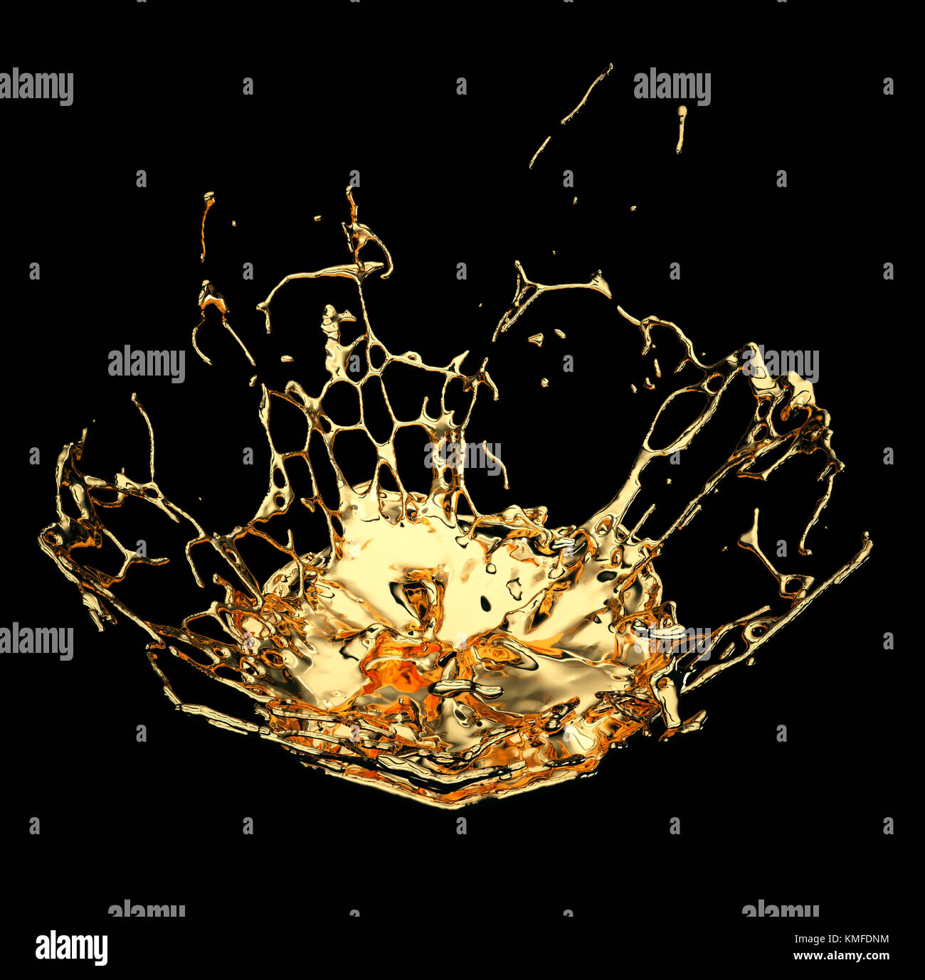 Splashes or splatters of melted gold or oil isolated on black. 3d ...