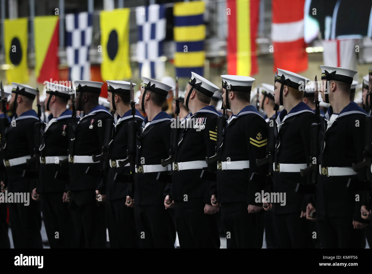Royal Navy ratings in the hanger of HMS Queen Elizabeth ahead of her ...