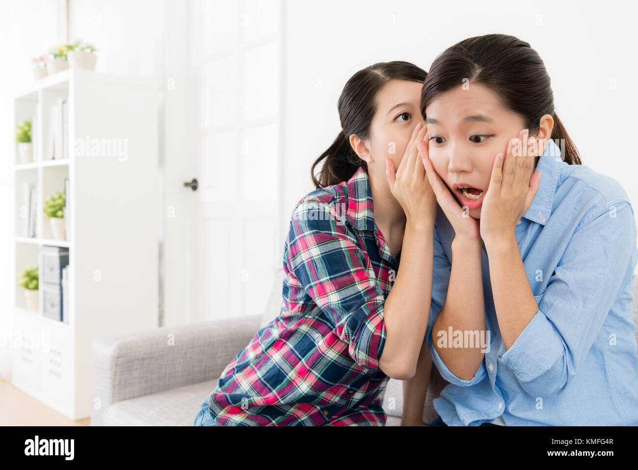 beauty attractive girl feeling surprised and shocked when best friend ...