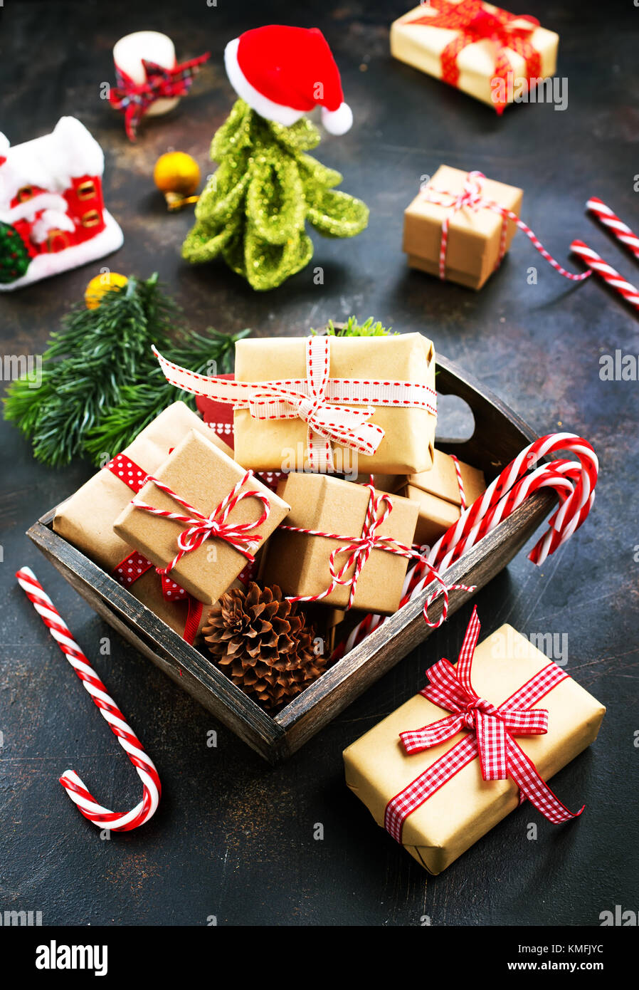christmas decoration, box for present on a table Stock Photo - Alamy