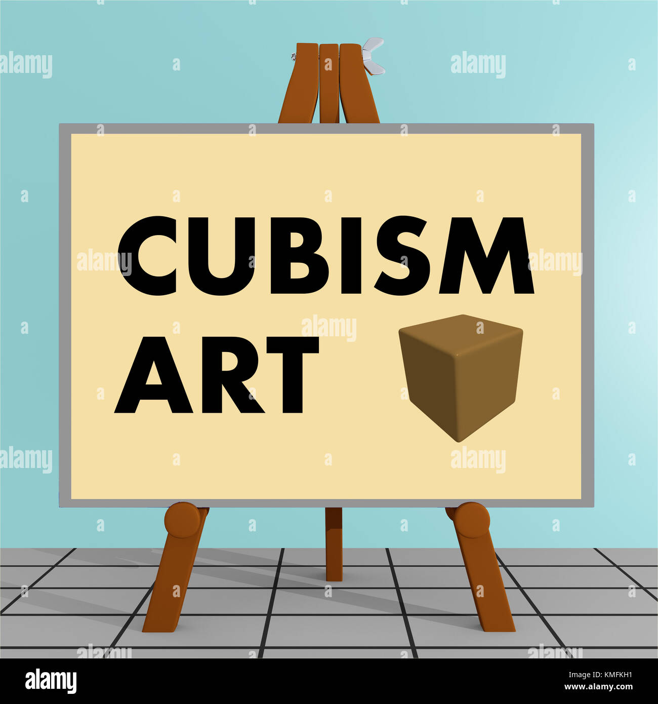 3D illustration of "CUBISM ART" title on a tripod display board, along ...