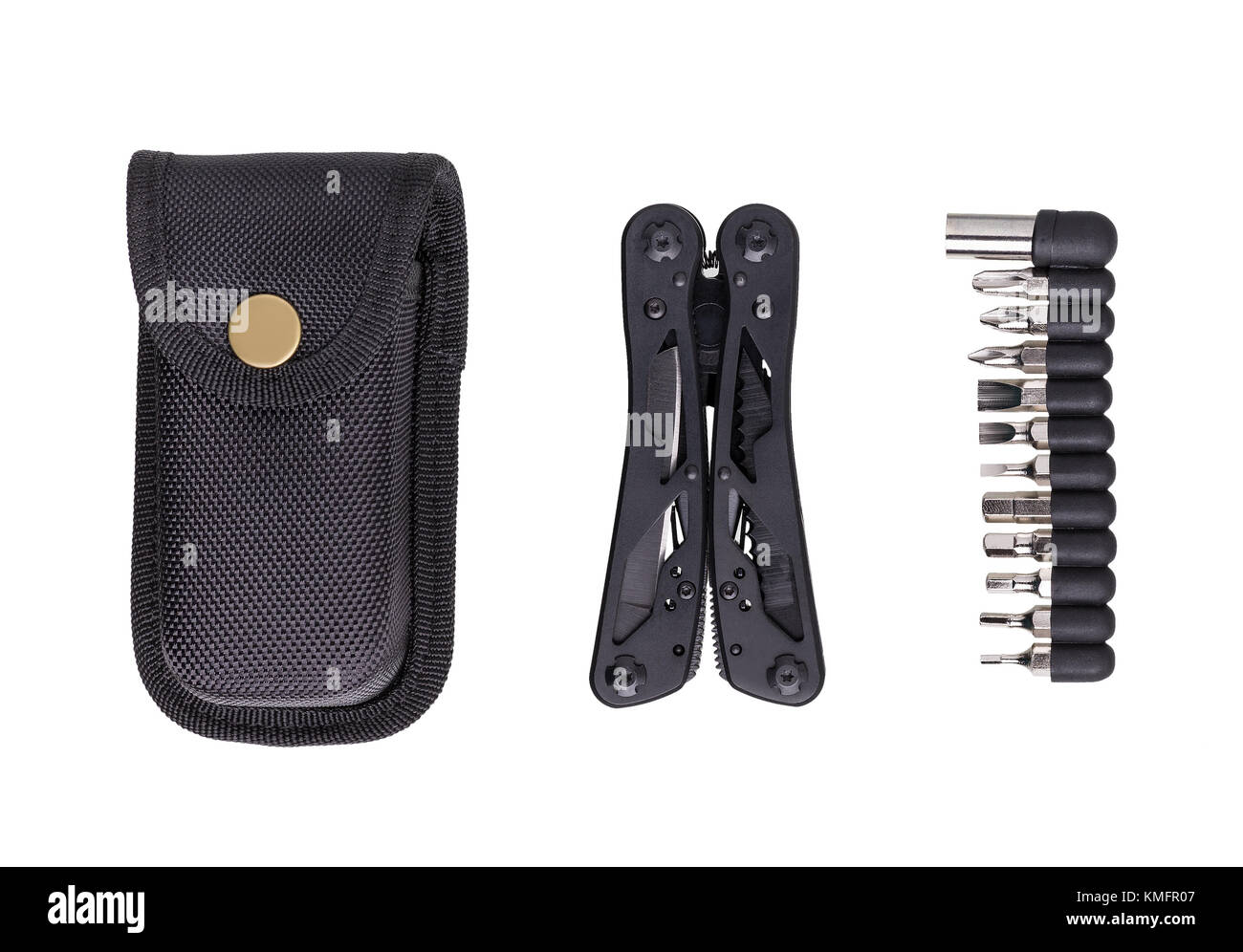 Set of black multitool, set of bits for it and cover on white ...