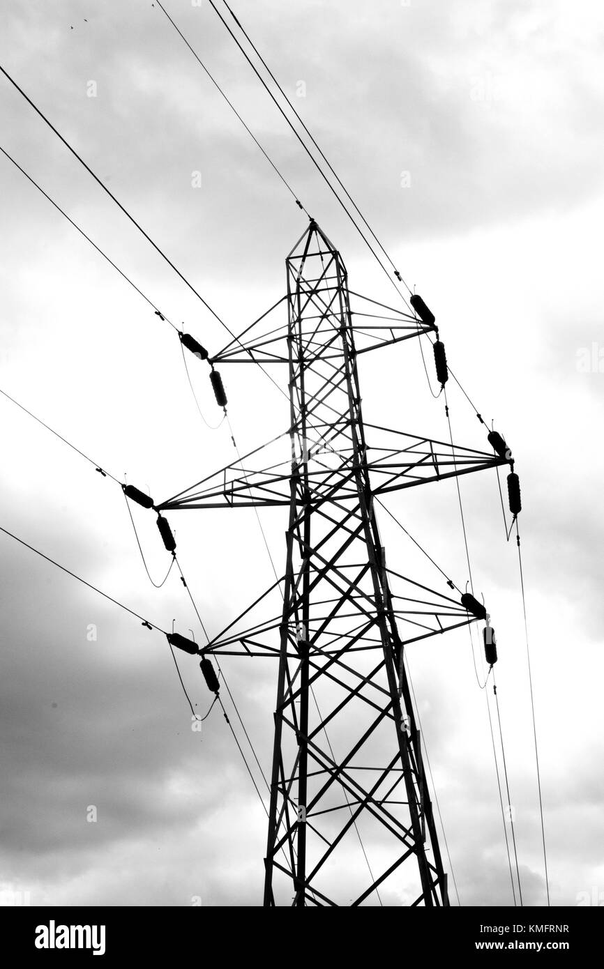 Electric power tower sunset Black and White Stock Photos & Images - Alamy