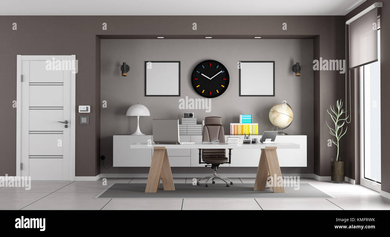White and brown modern office with desk and chair - 3d rendering Stock ...