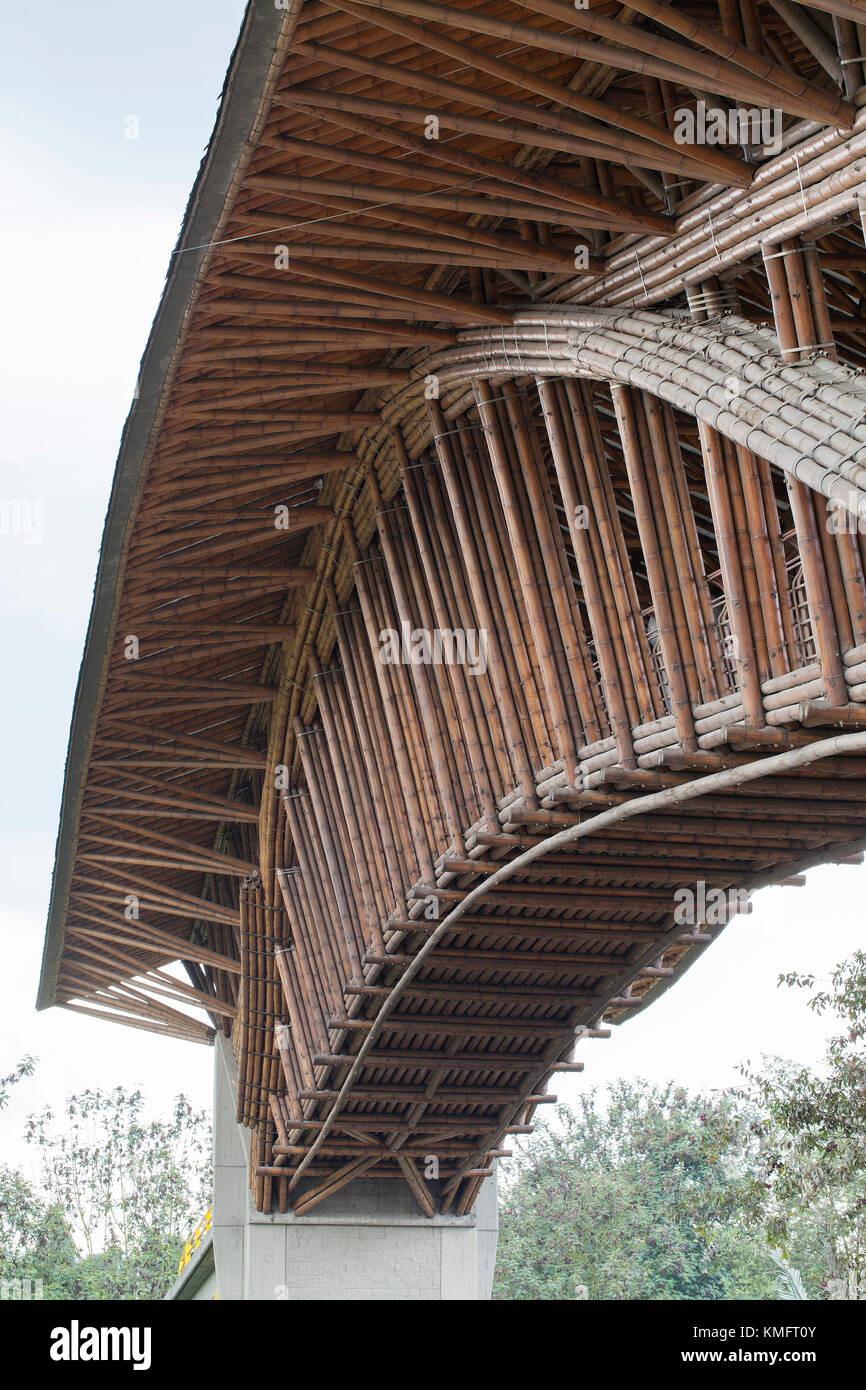Street view showing the structural bamboo elements. Jenny Garzón Bridge ...