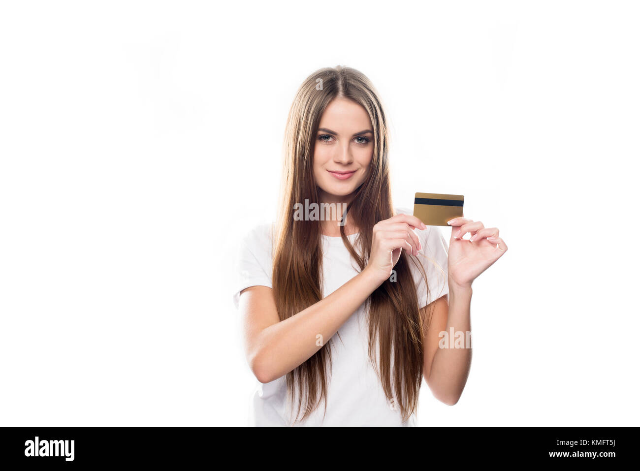 Girl showing credit card Stock Photo - Alamy
