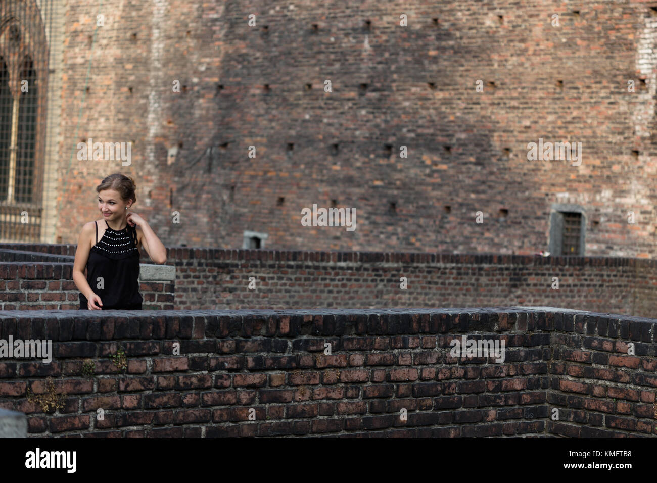 Beautiful young woman dressed in black dress standing in castle Stock ...