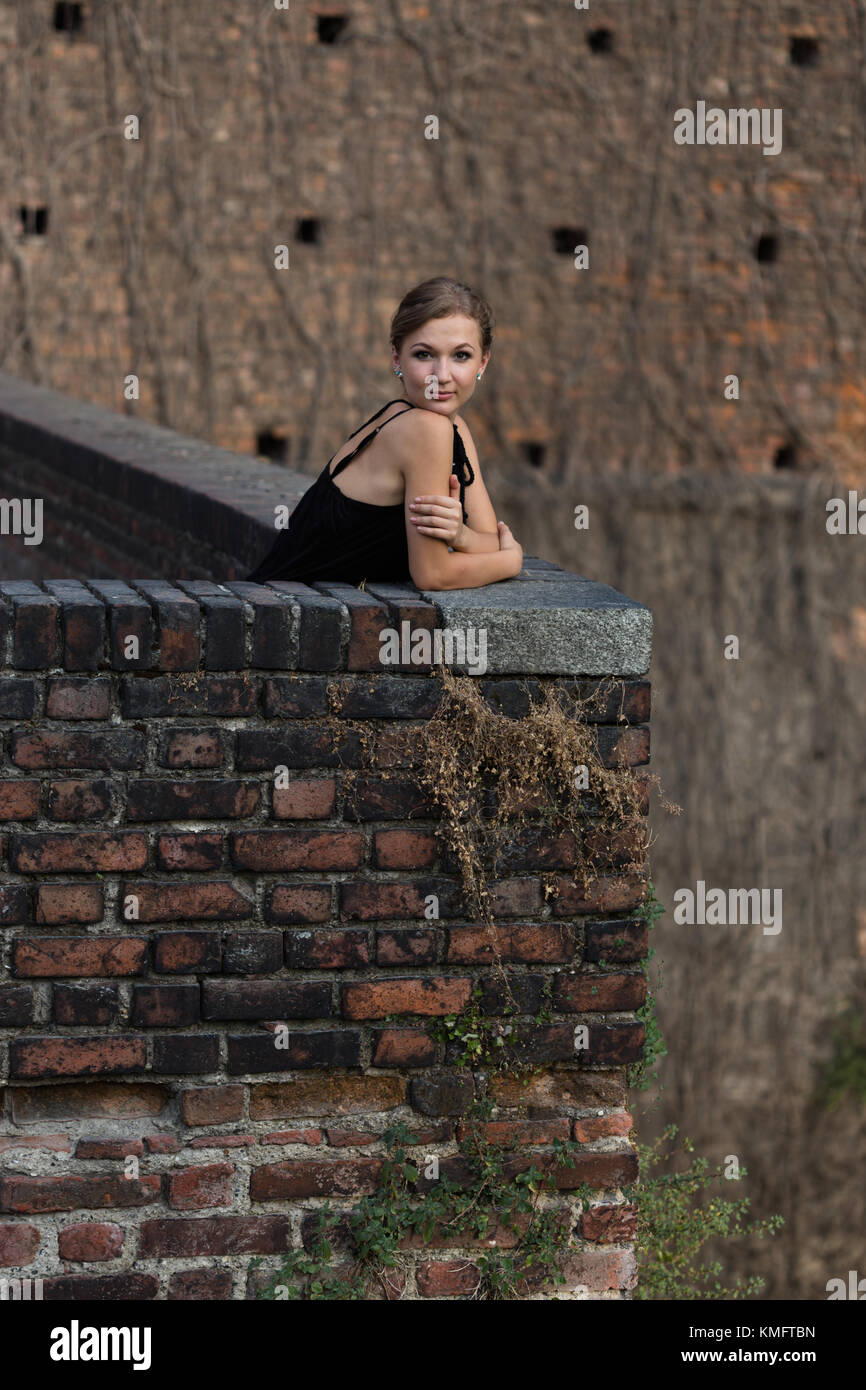 Beautiful young woman dressed in black dress standing in castle Stock ...