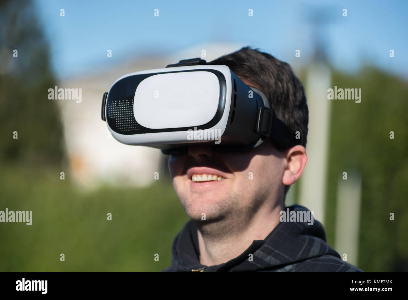 Young caucasian man using virtual box for virtual reality Stock Photo ...