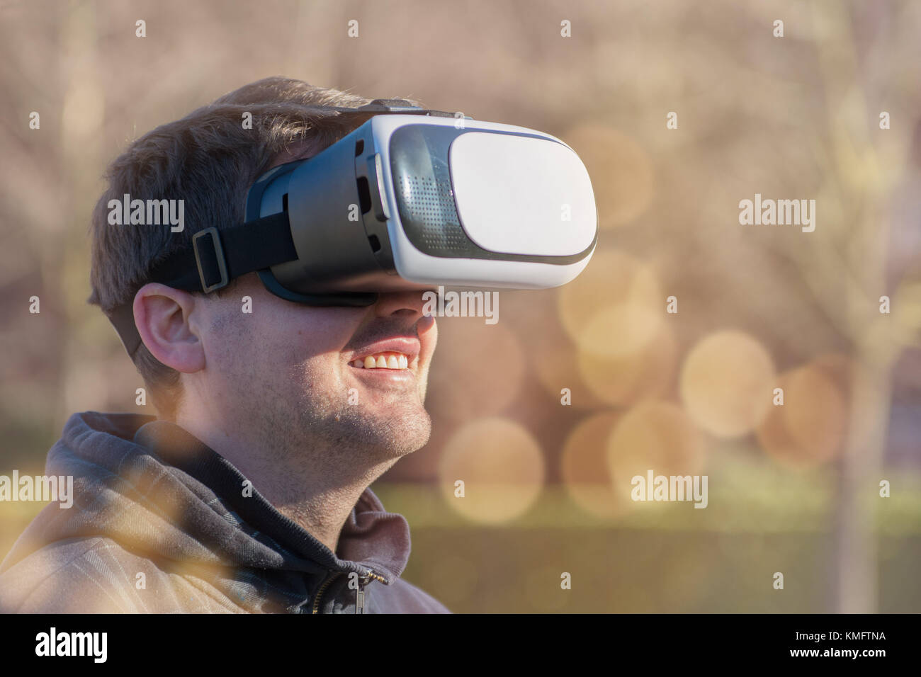 Young caucasian man using virtual box for virtual reality Stock Photo ...