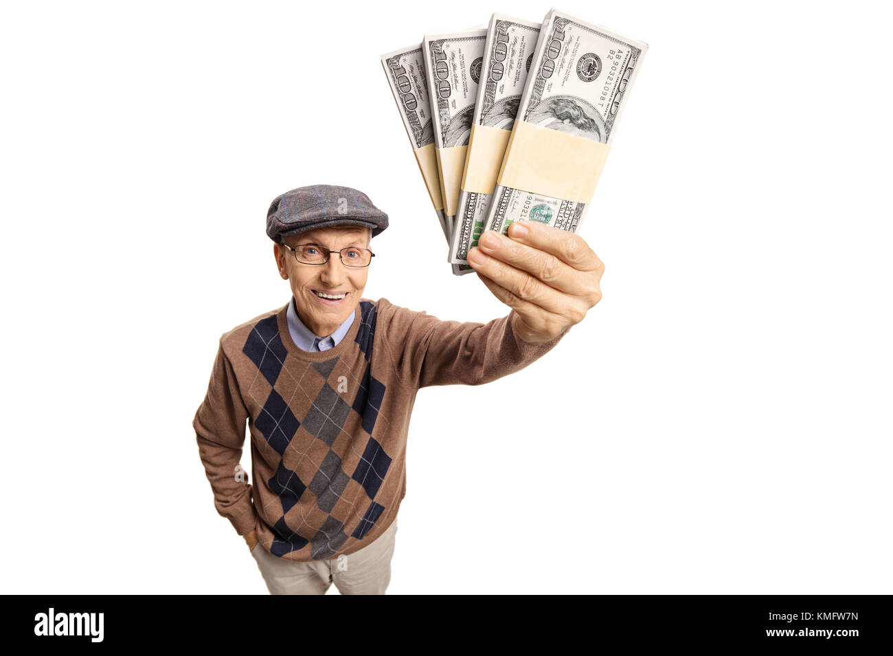 Elderly man showing bundles of money isolated on white background Stock ...