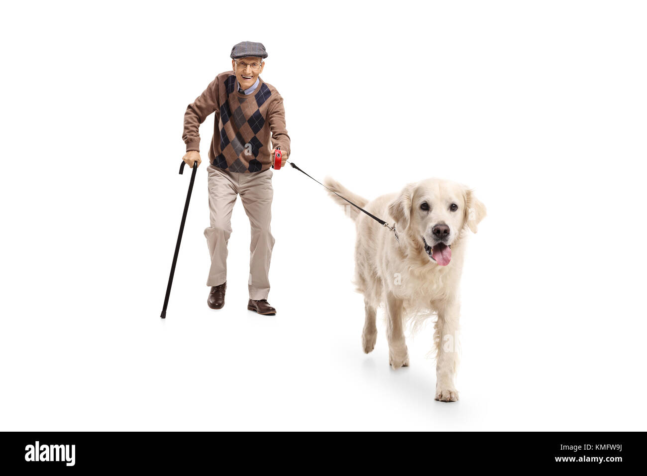 Full length portrait of an elderly man walking a dog isolated on white ...