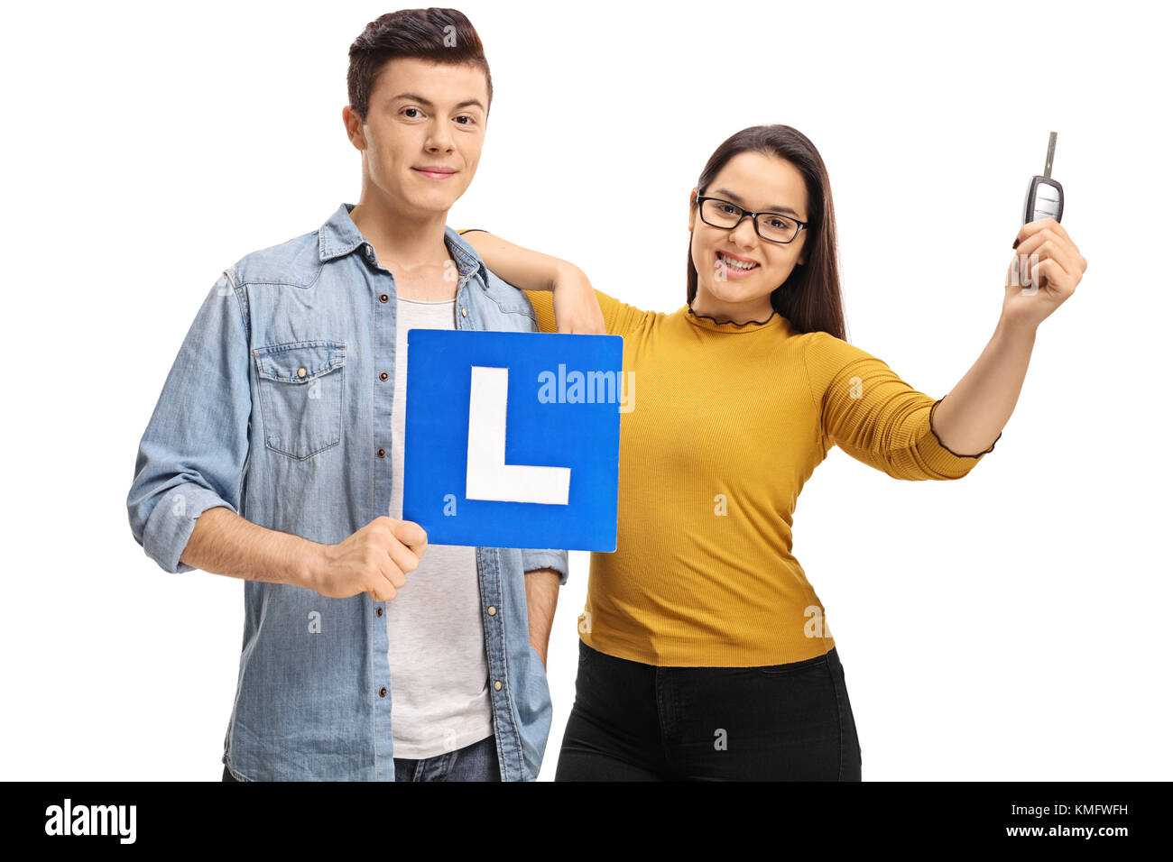 Teenagers with an L-sign and a car key isolated on white background ...