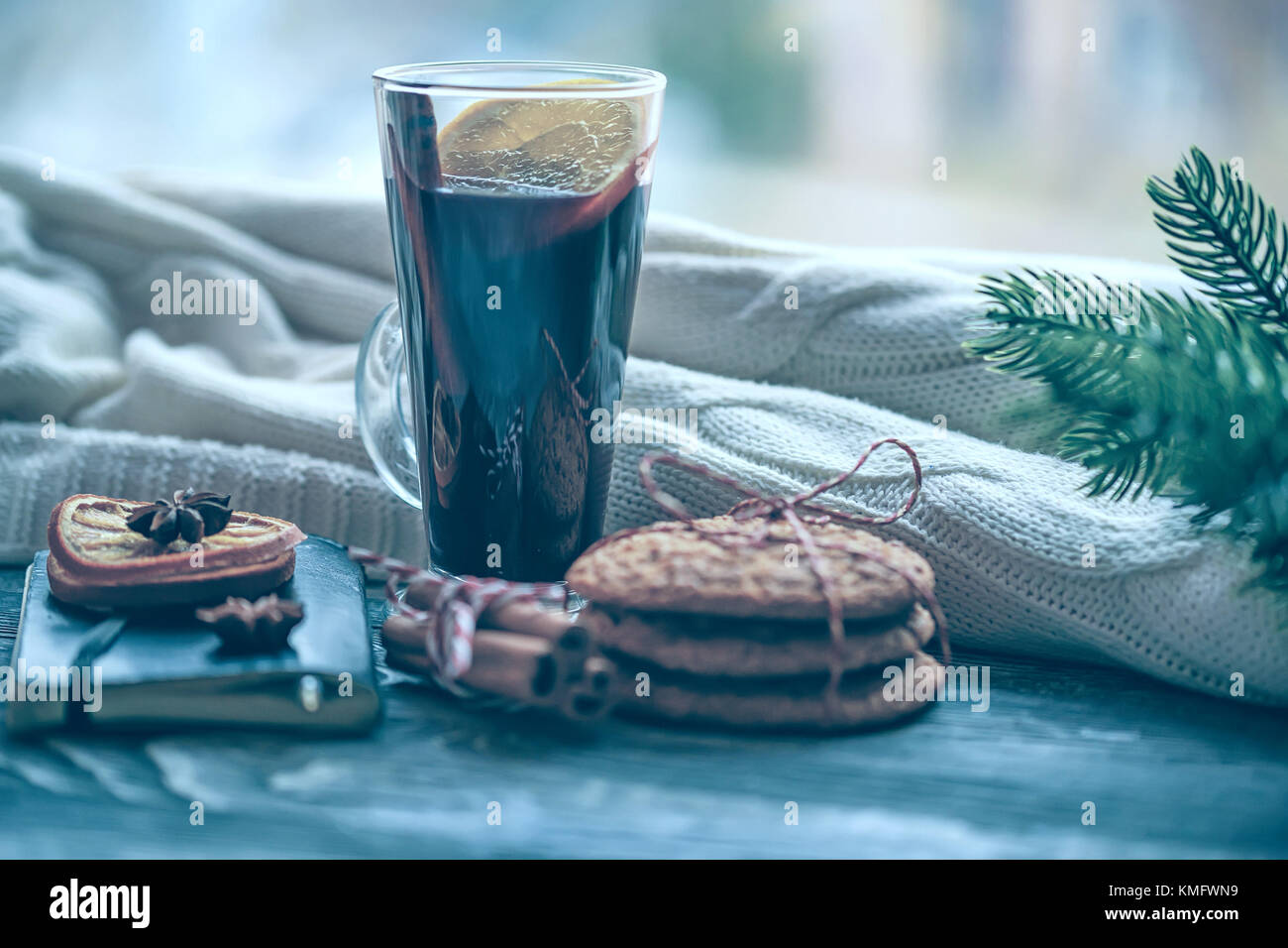 Cosy winter still-life and window. Xmas background Stock Photo - Alamy