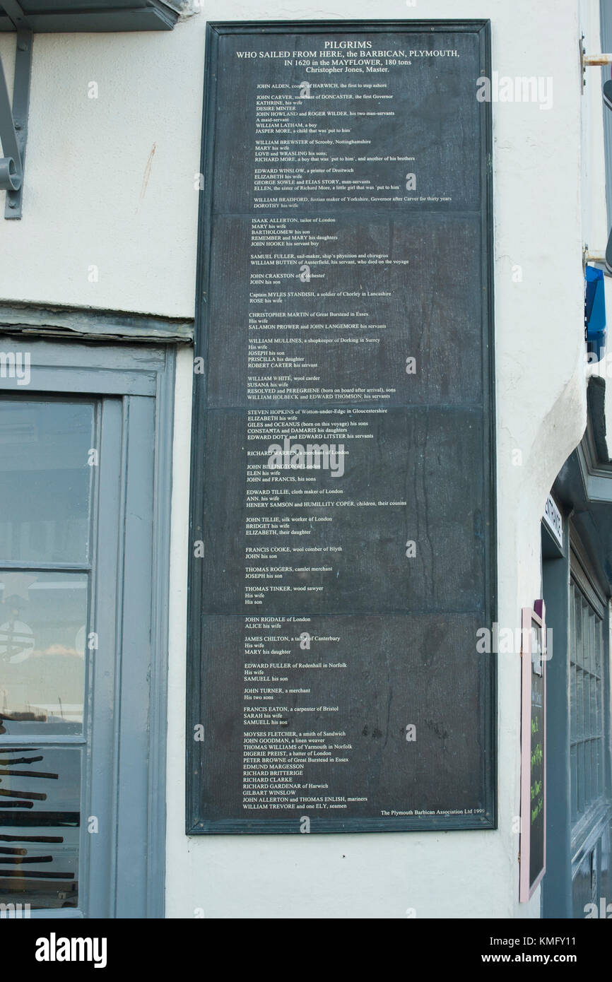 On a plaque, all names of the original Pilgrims to America from the ...