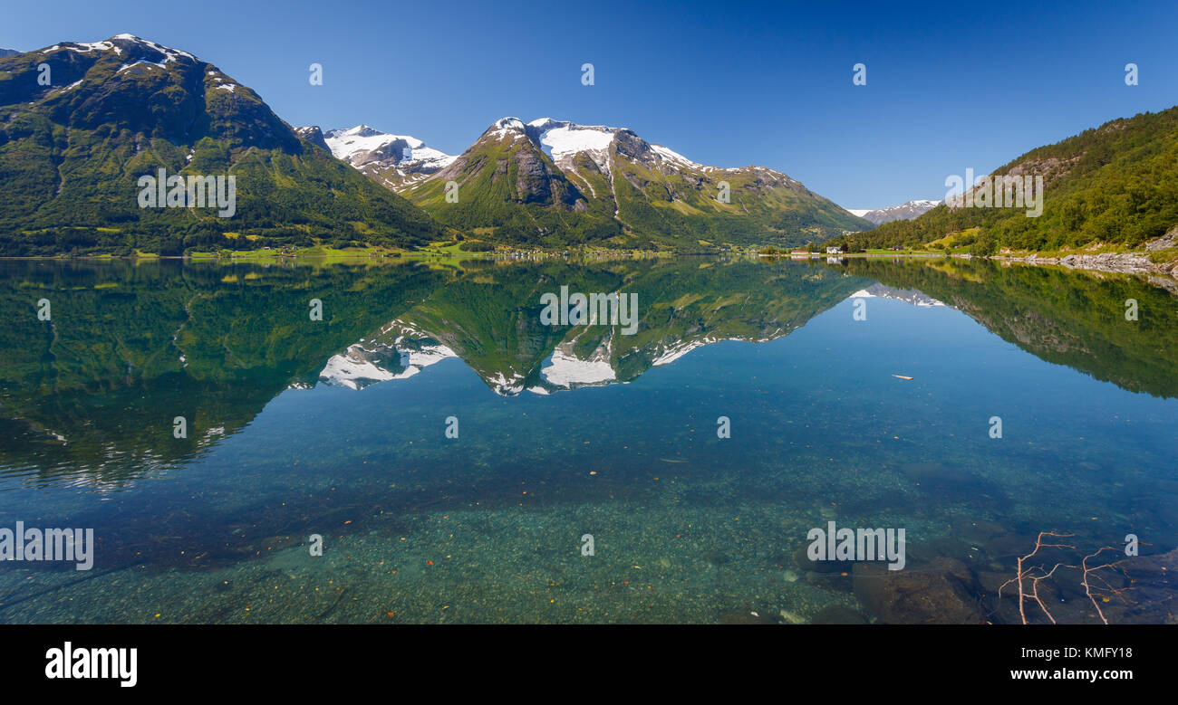 Stryn Fjords in Norway Reflection In Oppstrynsvatn lake Stock Photo - Alamy