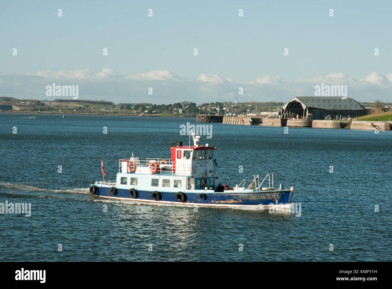 Colourful Cremyll Belle passenger ferry in bright sunshine crossing ...