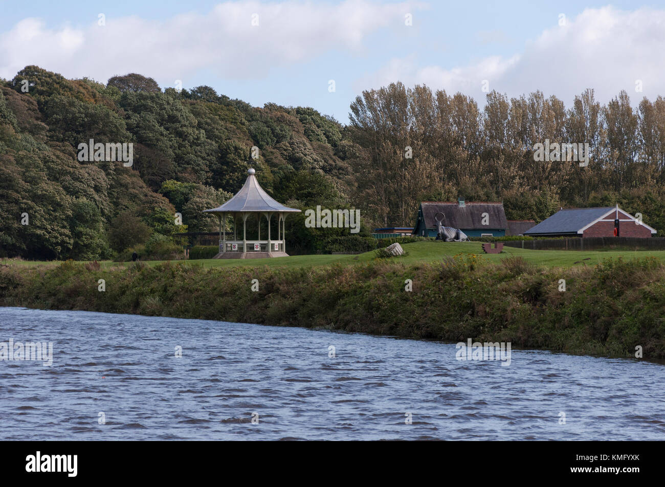 Durham riverside and the band stand and the metal sculpture the Dun Cow ...