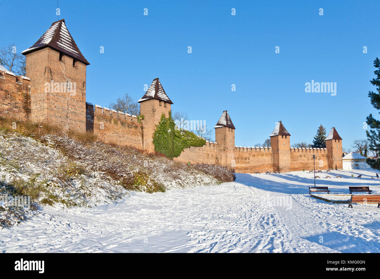 gothic medieval town wall and fortification, Nymburk, Czech republic ...