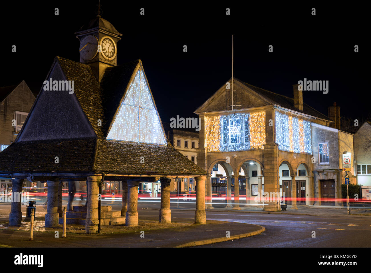 Christmas lights and decorations with car light trails in Witney town ...