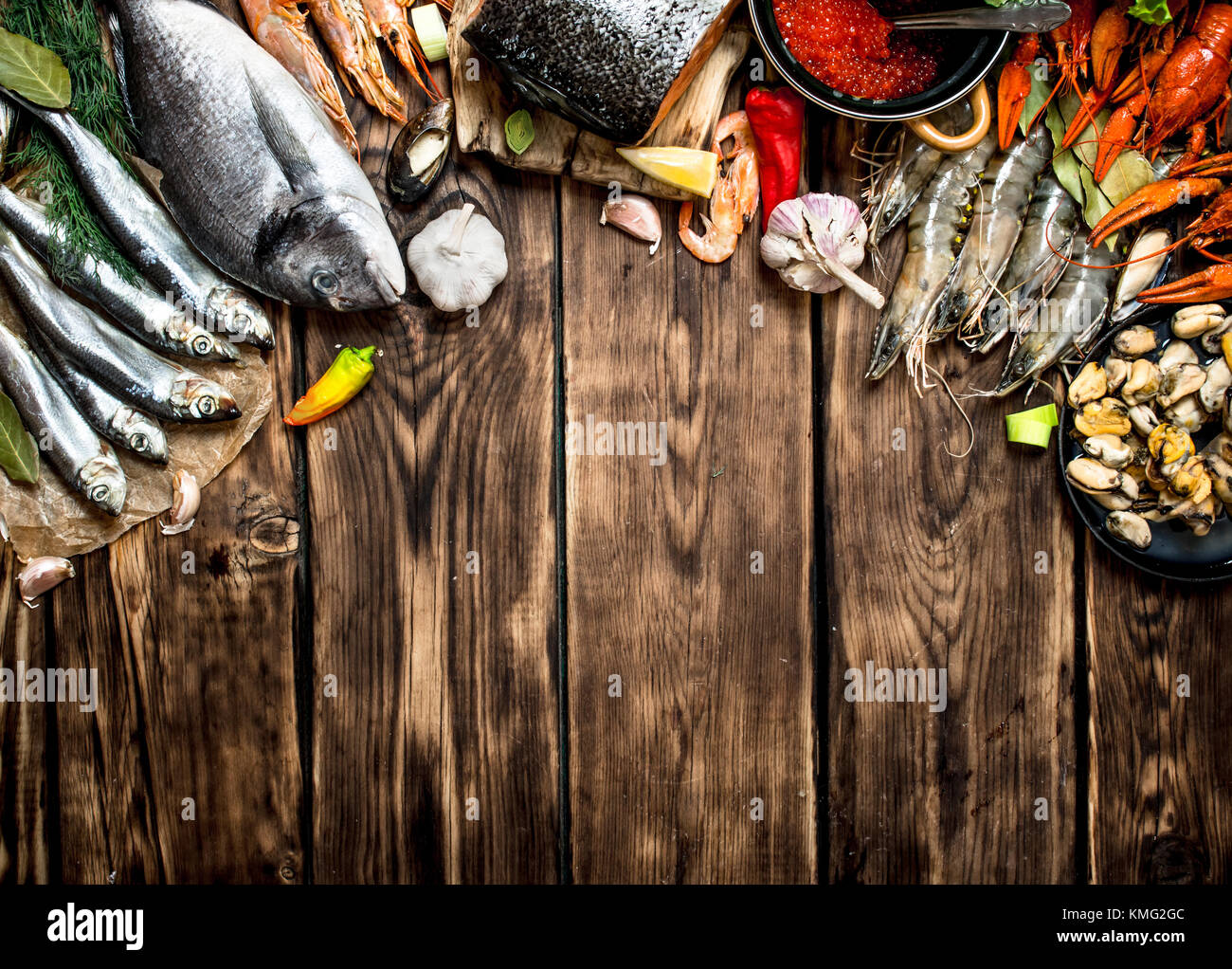 Fresh seafood. A variety of seafood from shrimp, shellfish and other ...