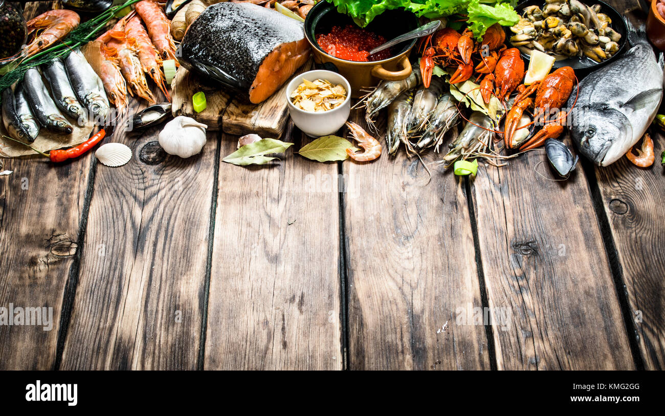 Fresh seafood. Variety of seafood shrimp, fish, and shellfish. On ...