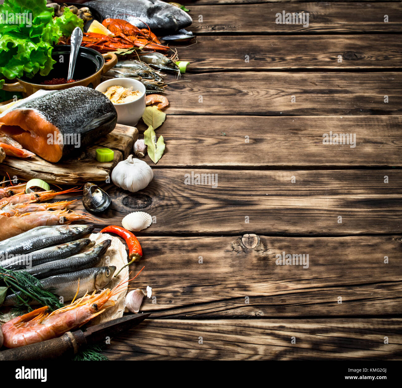 Fresh seafood. Variety of seafood shrimp, fish, and shellfish. On ...