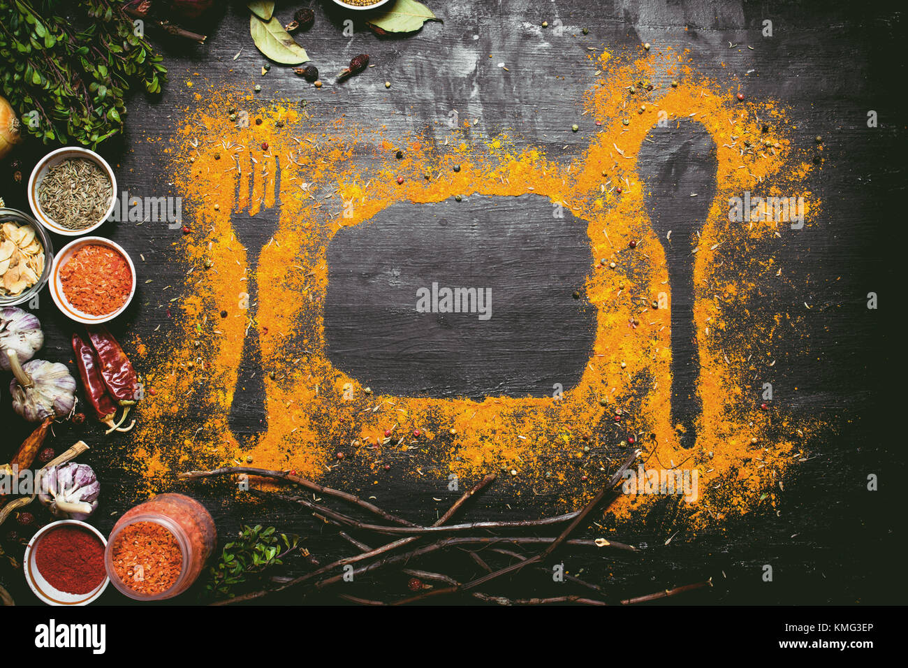 Indian spices and herbs. Print of ground spices on the table. On the ...