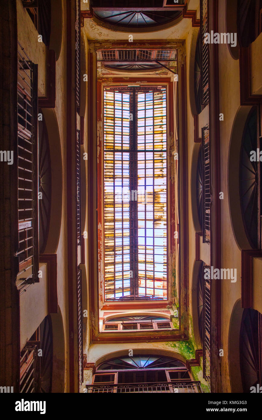 View of ceiling detail inside Old Havana building interior with typical ...