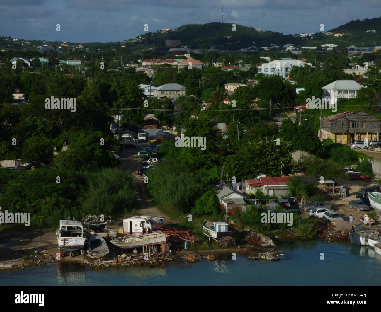 Views from ship to waterfront of port activity Antigua, Eastern ...