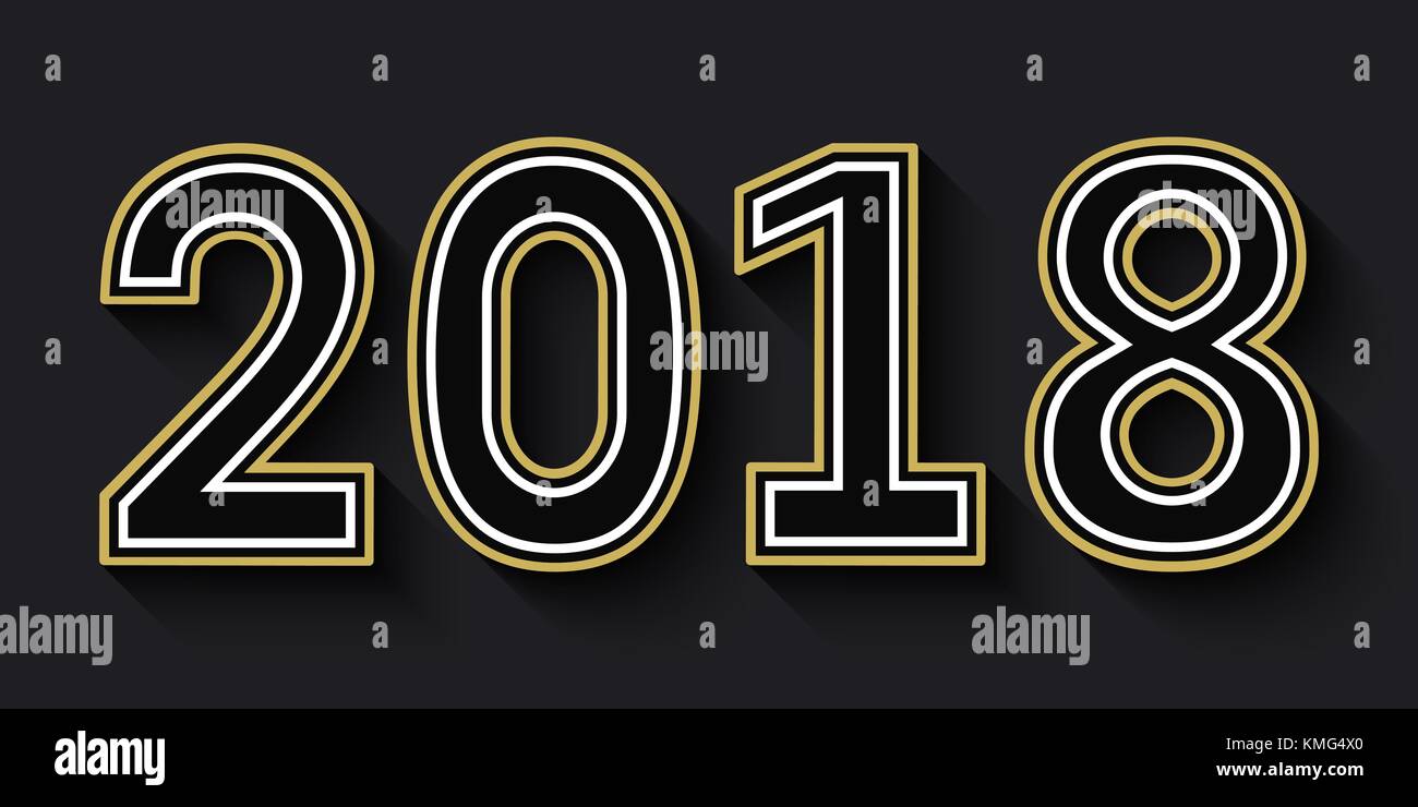 2018 Happy New Year. Black line numbers with yellow outline and shadow ...