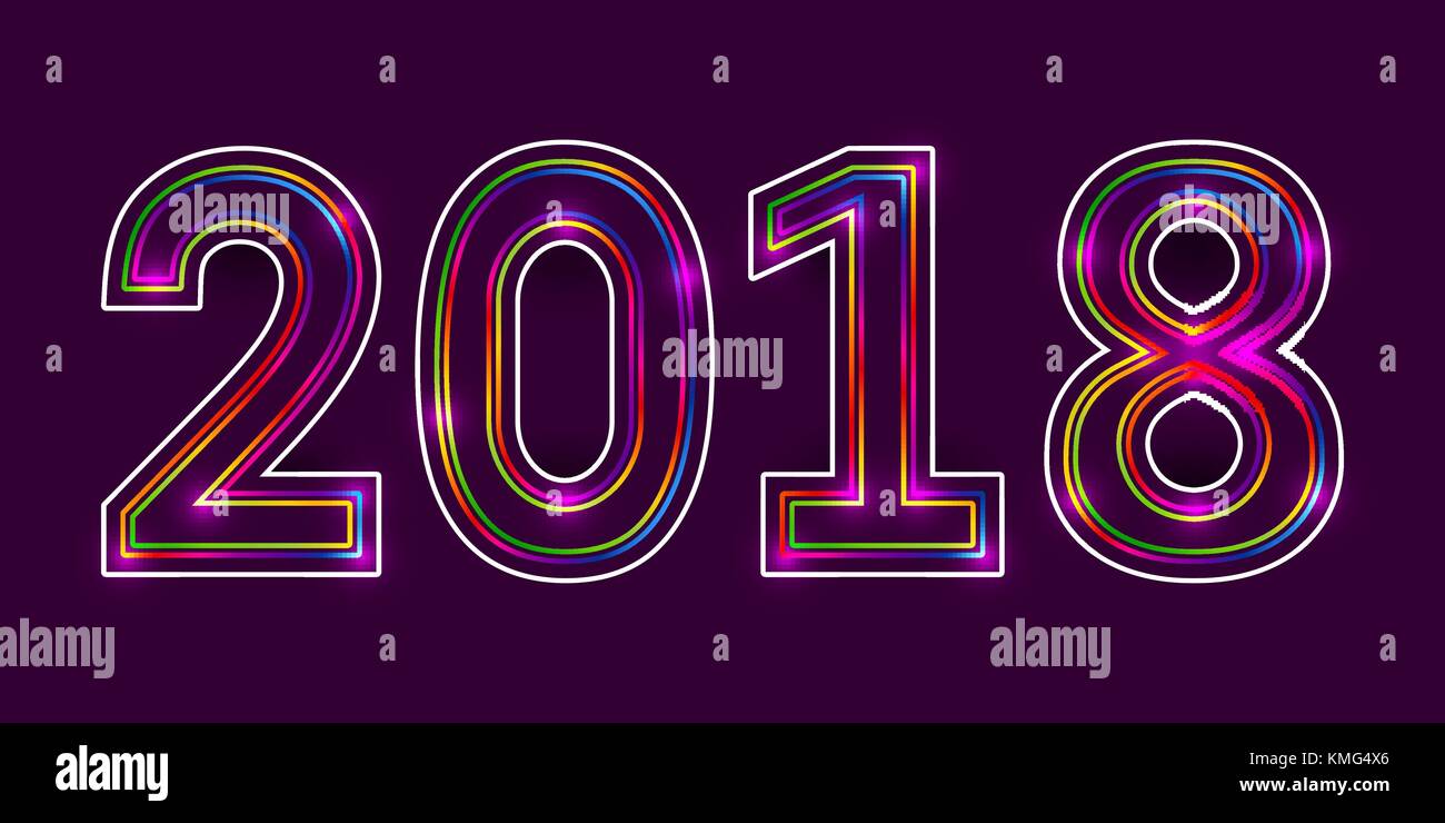 2018 Happy New Year. Multicolor outline numbers with glowing effect on ...