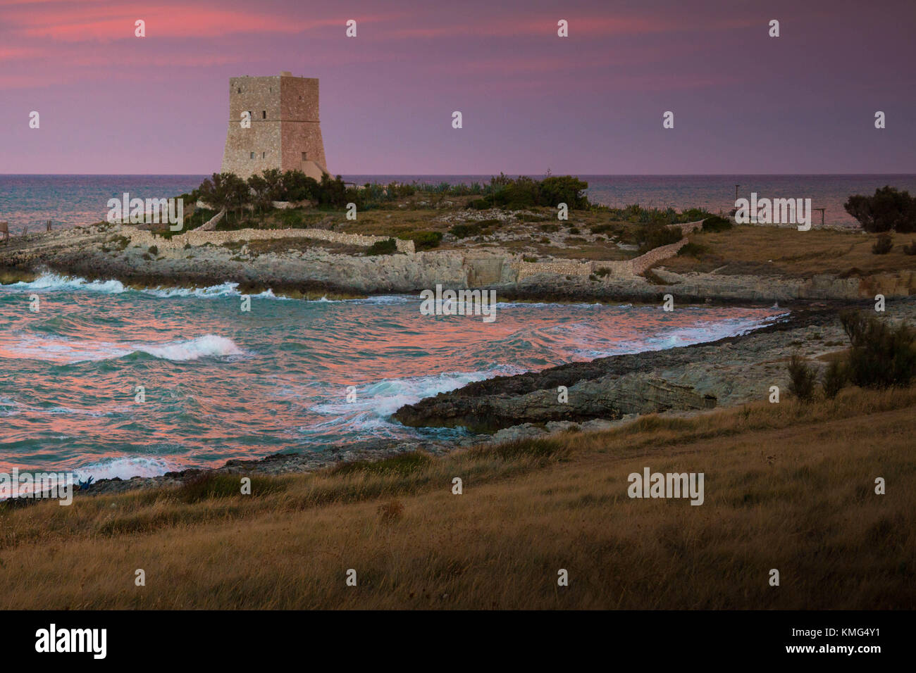 Dramatic sunset on Vieste shore with pink purple sky and medieval ...
