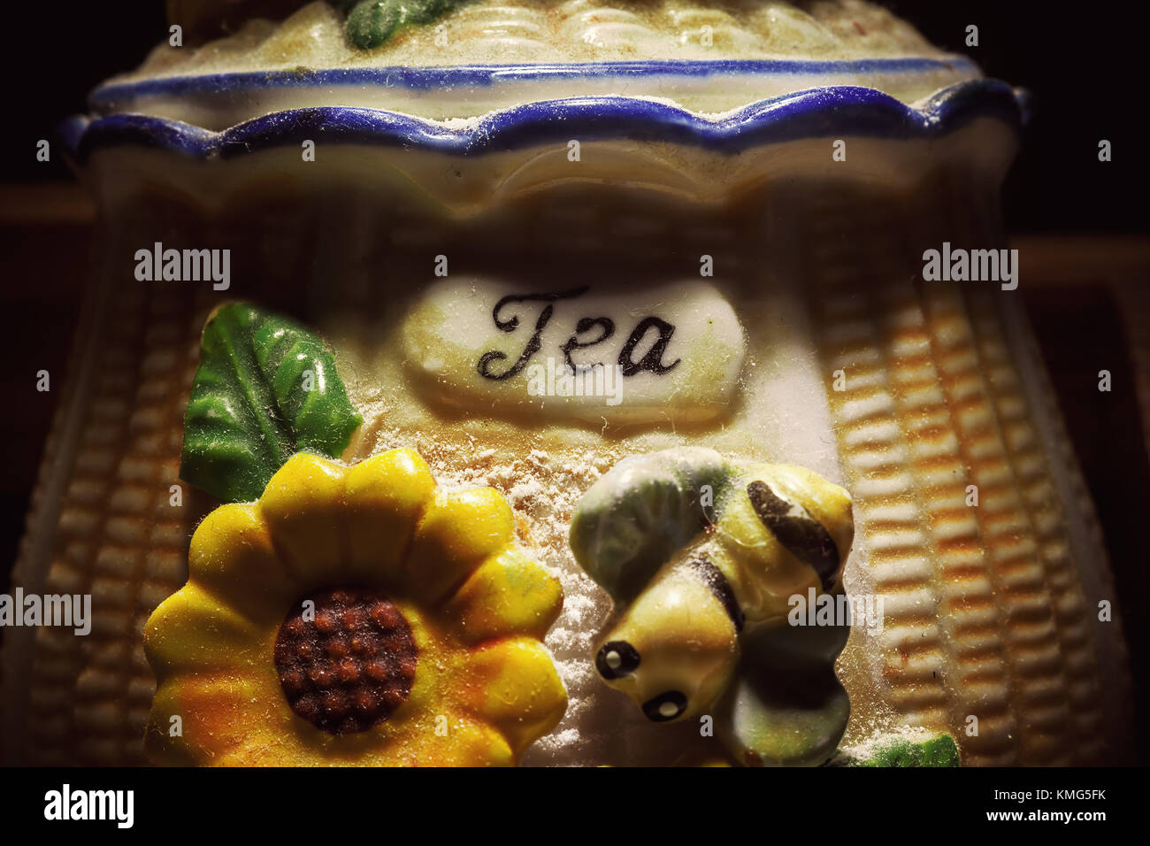 Closeup view on tea title, part of interesting decorative old bowl ...