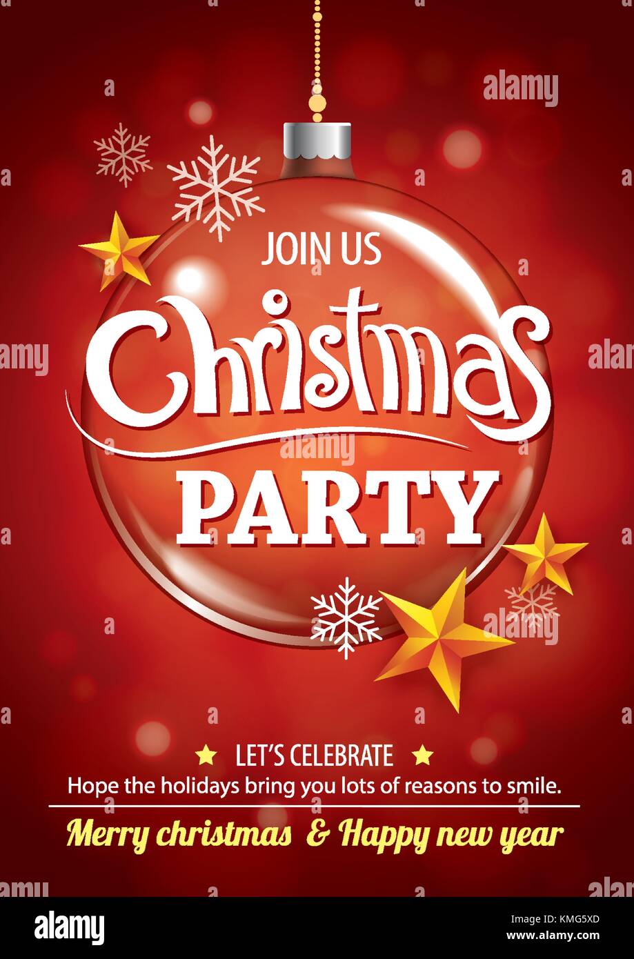 Merry christmas party and glass ball for flyer brochure design on red ...
