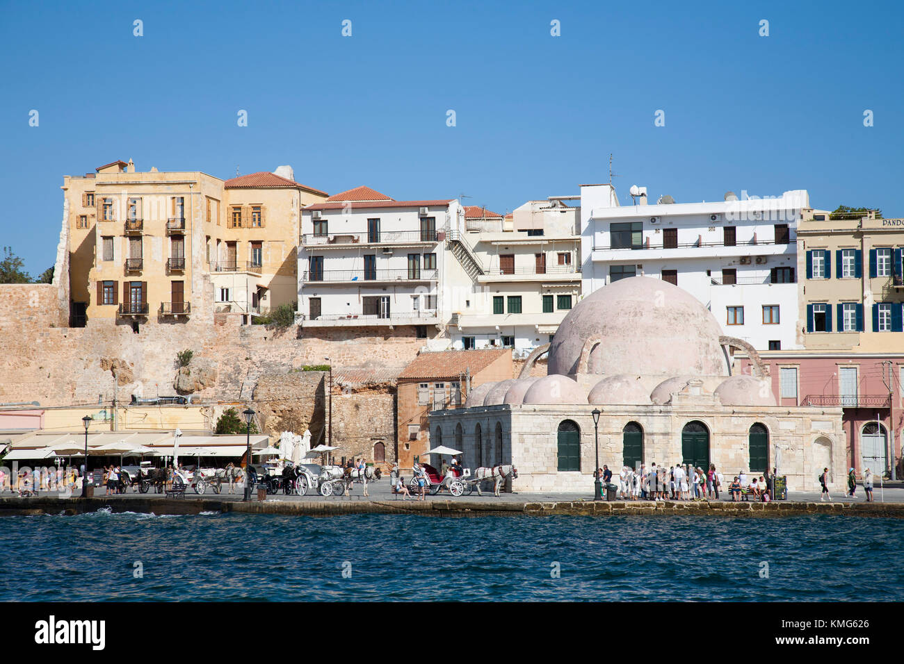 Old harbour, promenade and Turkish Mosque dated 1645, Hania, Crete ...