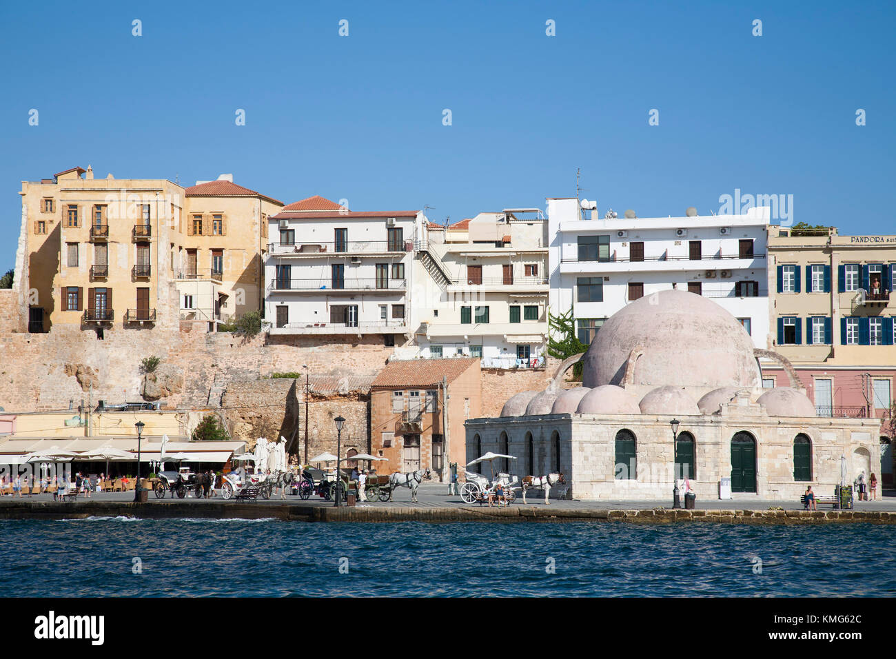 Old harbour, promenade and Turkish Mosque dated 1645, Hania, Crete ...