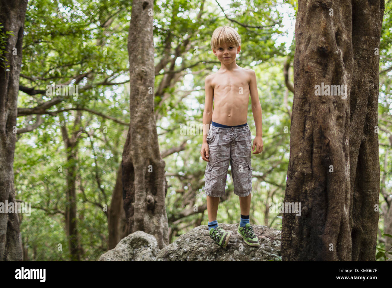 Portrait of boy standing on rock at forest Stock Photo - Alamy
