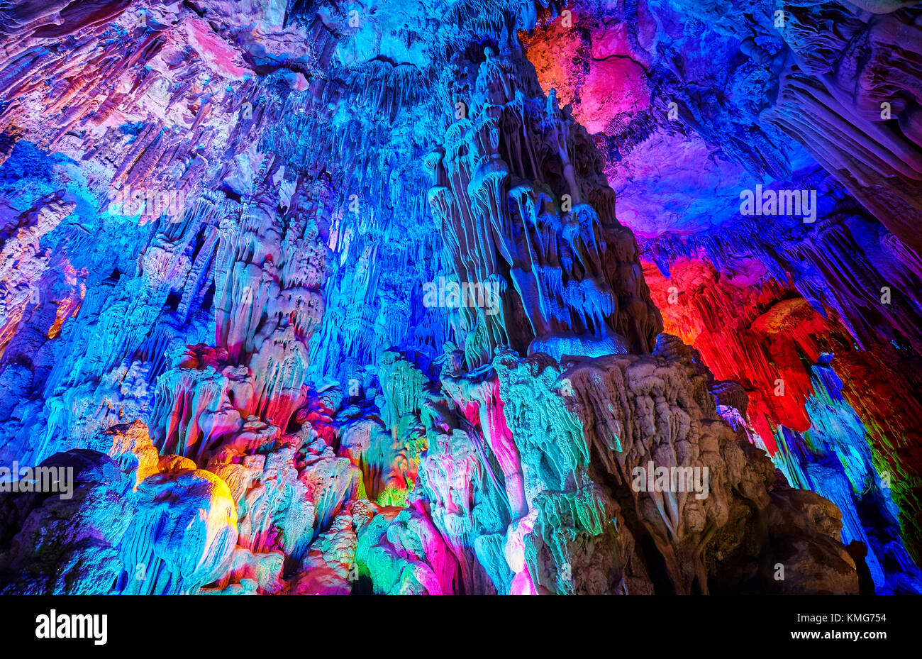 The Reed Flute Cave, natural abstract background. Limestone cave with ...