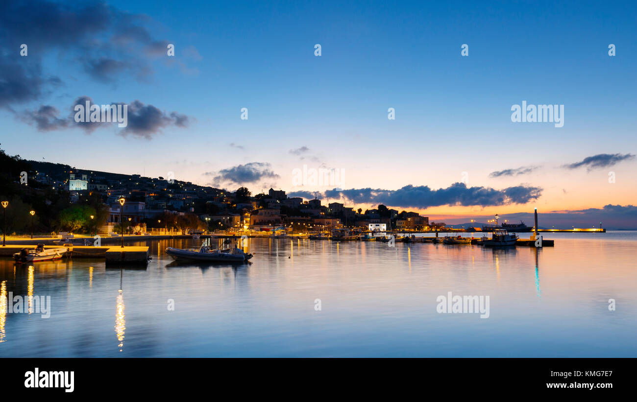 Early morning view of the harbour on Inouses island in Greece Stock ...