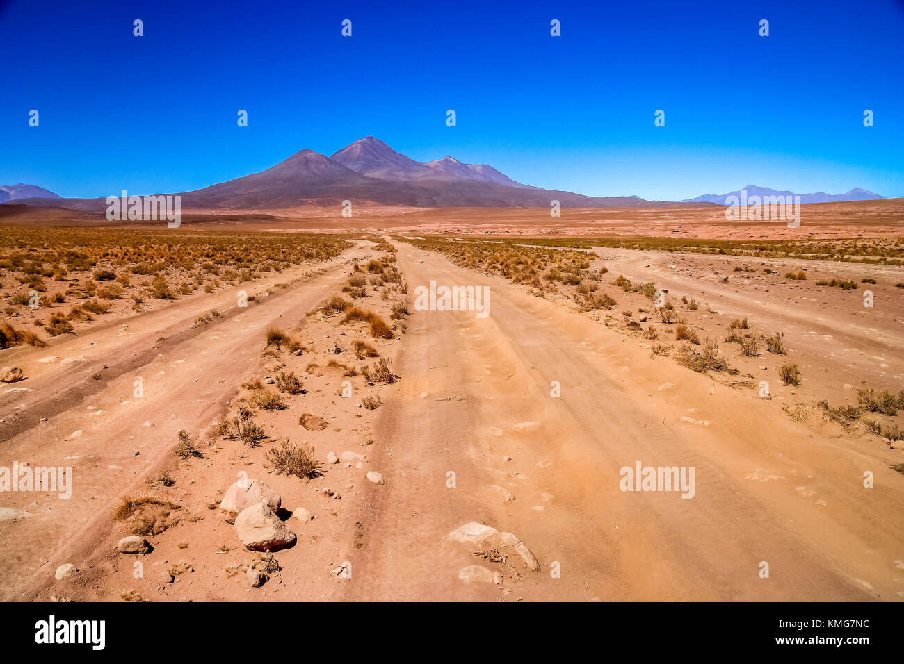 Sandy and gravel desert road through remote part of southern Altiplano ...