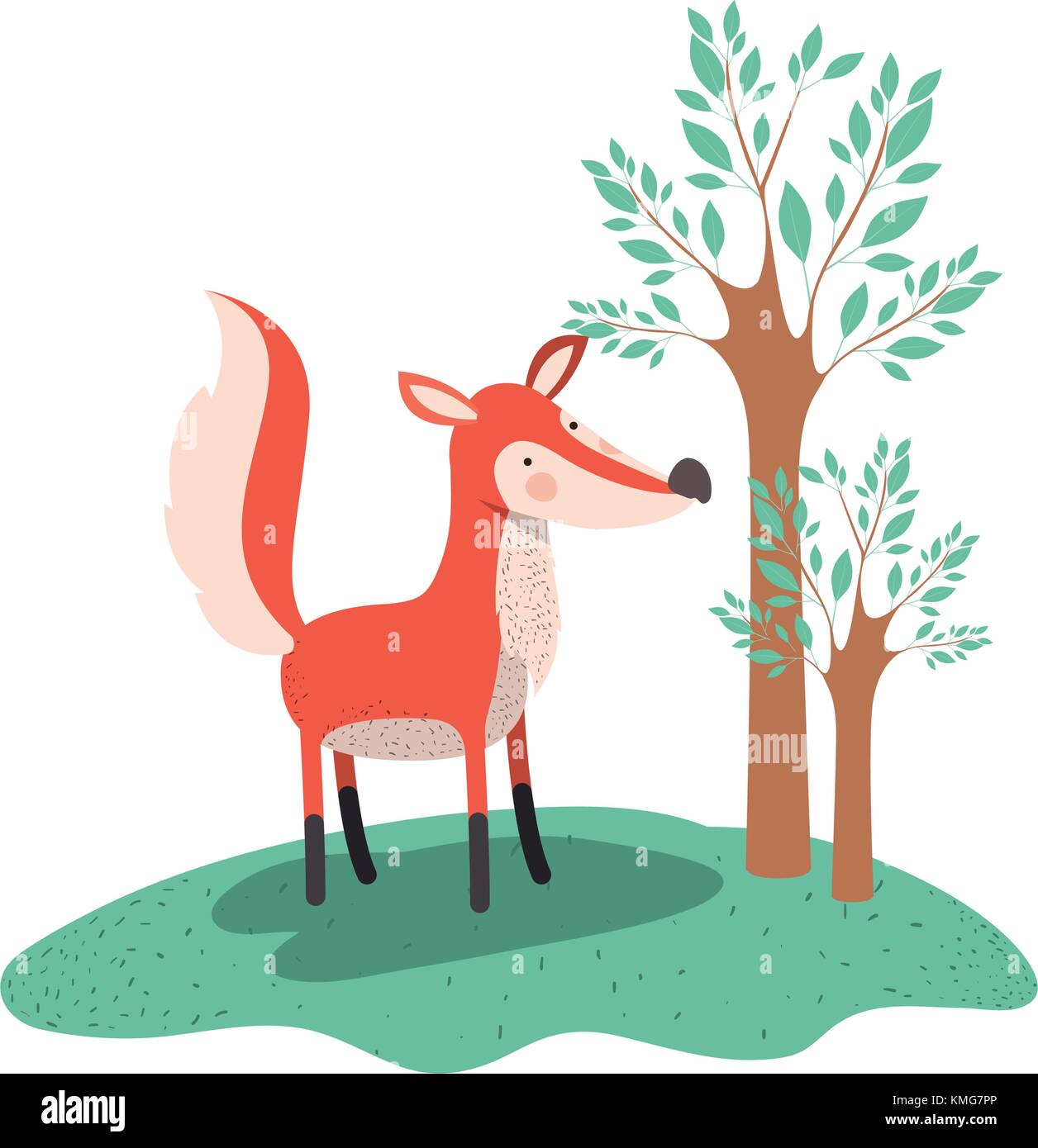 fox cartoon in forest next to the trees in colorful silhouette Stock ...