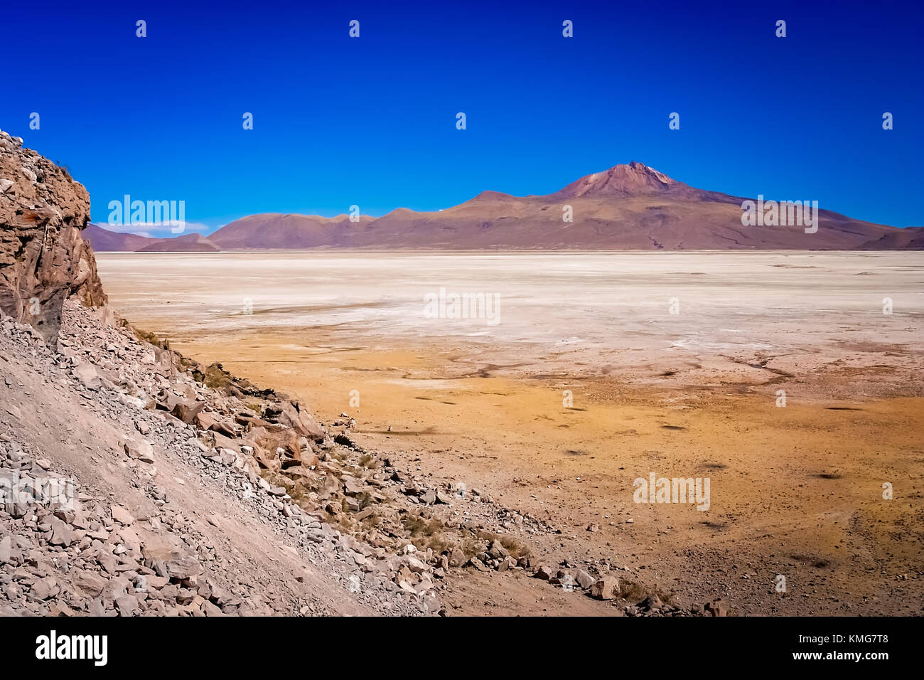 Dry land plain in the Altiplano mountains near Salar de Uyuni in summer ...