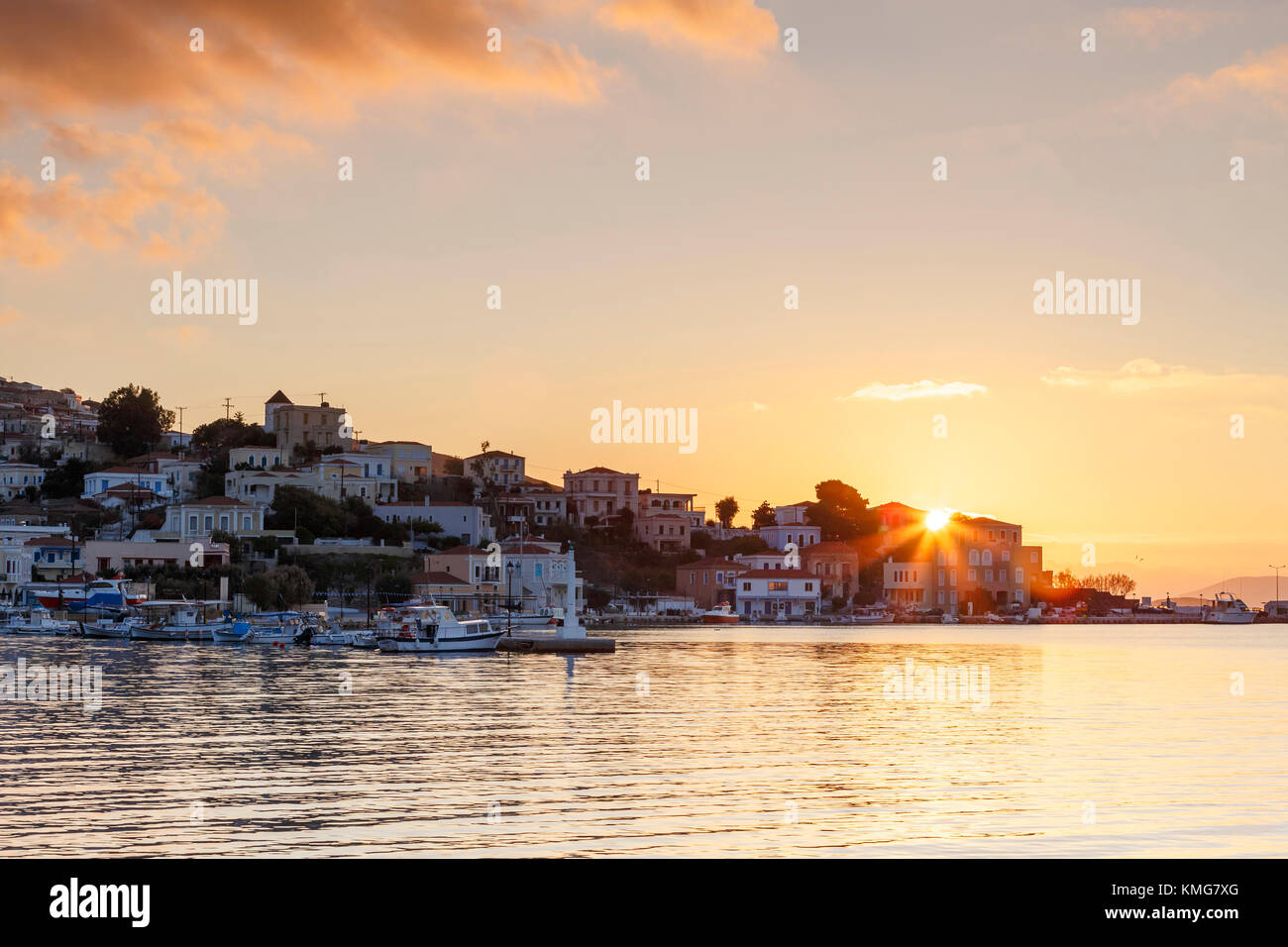 Early morning view of the harbour on Inouses island in Greece Stock ...