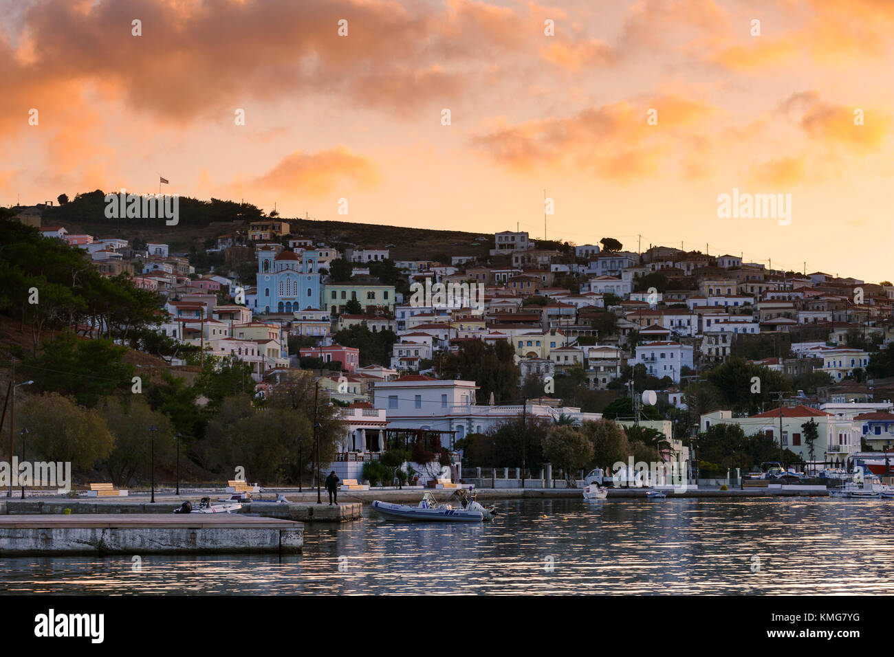 Early morning view of the harbour on Inouses island in Greece Stock ...