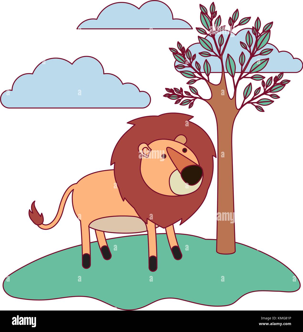 lion cartoon in forest next to the trees in colorful silhouette with ...
