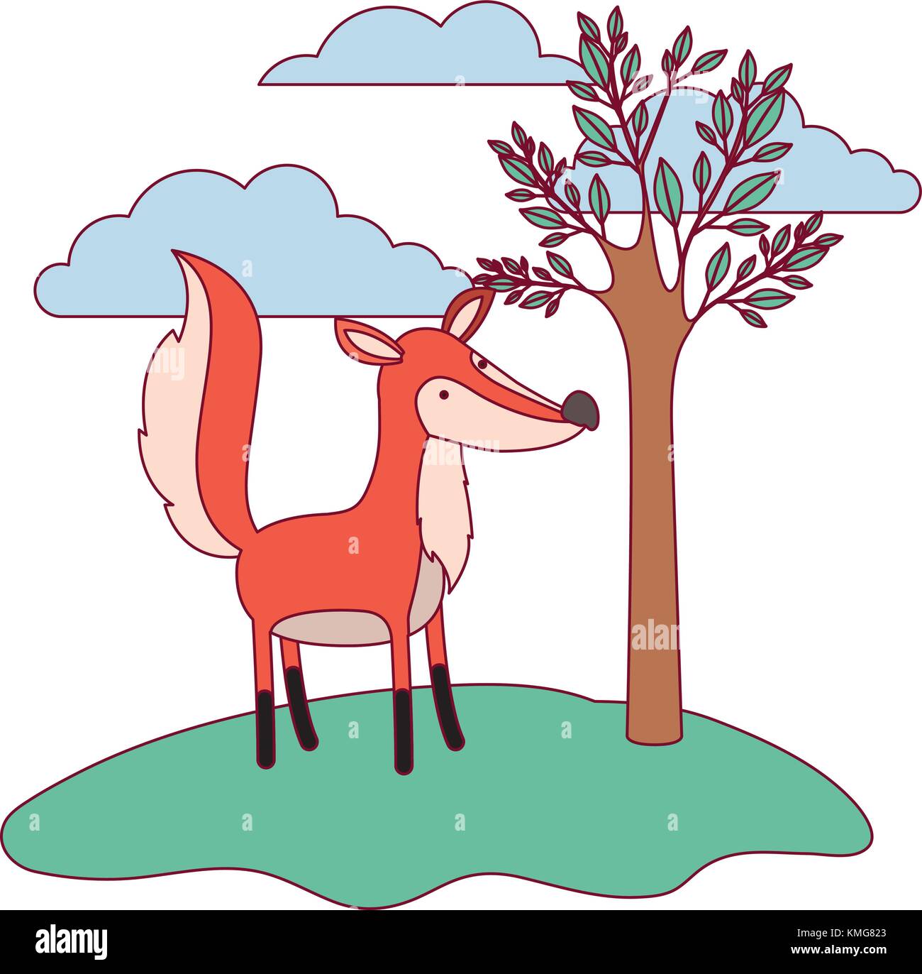 fox cartoon in forest next to the trees in colorful silhouette with ...