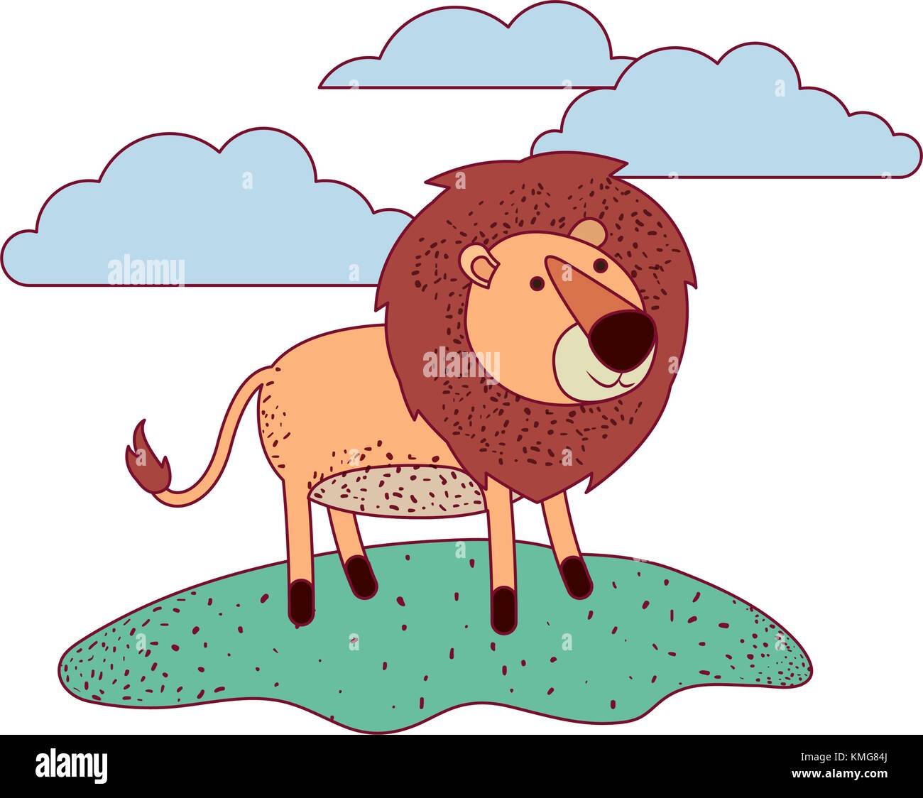 lion cartoon in outdoor scene with clouds on colorful silhouette with ...